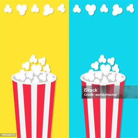 팝콘 라운드 양동이 박스 세트 영화 시네마 플랫 디자인 스타일 아이콘입니다 옥수수 터지는 팝 빠른 음식입니다 파란색과 노란색