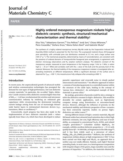 Pdf Highly Ordered Mesoporous Magnesium Niobate High κ Dielectric Ceramic Synthesis