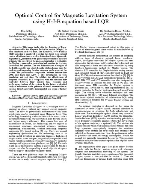 Optimal Control For Magnetic Levitation System Using H J B Equation Based Lqr Pdf Control