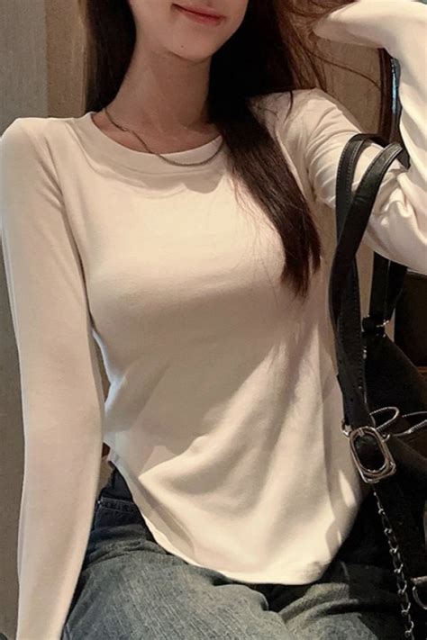 핑크프릴 브로 솔리드 컬러 심플 라운드넥 긴팔 슬리밍 불규칙한 티셔츠