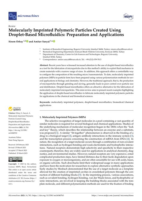 Pdf Molecularly Imprinted Polymeric Particles Created Using Droplet Based Microfluidics