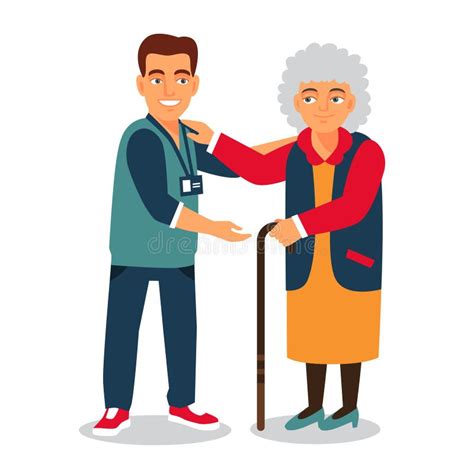 Νεαρός άνδρας με το διακριτικό που βοηθά μια ηλικιωμένη κυρία Διανυσματική απεικόνιση