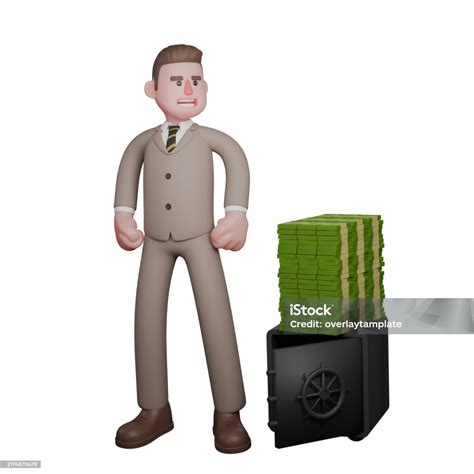 변호사 캐릭터 3d 벽지 한 남성 변호사가 양손을 허리에 얹고 금고 옆에 서 있다 일러스트레이션 남성 법률 전문가 경찰관에 대한