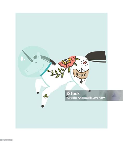 손으로 그린 벡터 추상적인 그래픽 창작 만화 일러스트 작품 구식 문신 흰색 배경에 고립 된 헬멧에 간단한 유니콘 우주 비행사