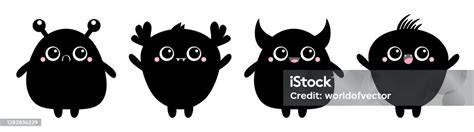 즐거운 할로윈 보내세요 몬스터 세트 블랙 실루엣 아기 아이콘 귀여운 만화 가와이 무서운 재미있는 캐릭터 눈 치아 송곳니 혀 손을