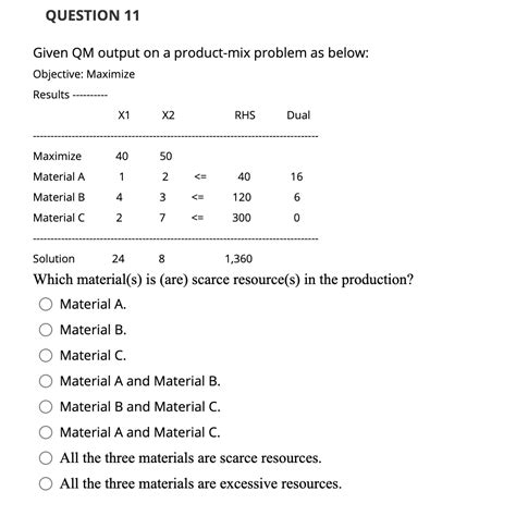 solved question 11 given qm output on a product mix problem