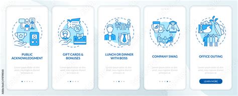 Employee Recognition Ideas Blue Onboarding Mobile App Screen Walkthrough 5 Steps Editable