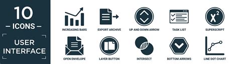 채워진 사용자 인터페이스 아이콘 세트입니다 평평한 증가 막대 그래픽 아카이브 내보내기 위쪽 및 아래쪽 화살표 작업 목록 위 첨자 봉투 열기 레이어 버튼 교차 아래쪽 화살표