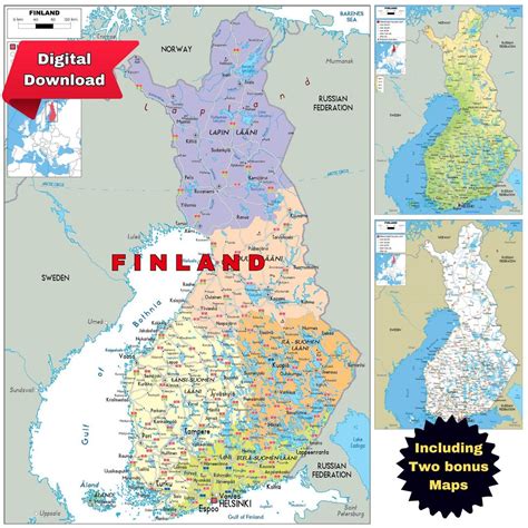 Finland Political Map Physical And Road Printable A3 Etsy New Zealand
