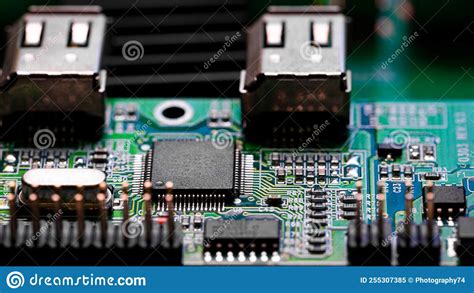 Close Up Of Components And Microchips On Pc Circuit Board Stock Image Image Of Computer Board