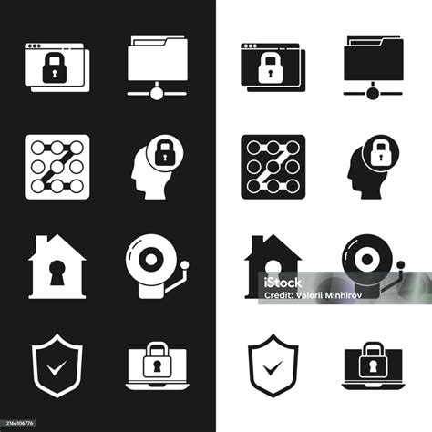 잠금 장치가 있는 인간의 머리 설정 그래픽 암호 보호 사이트 보안 Ssl Ftp 폴더 집 아래 울리는 알람 벨 노트북 및 방패 확인 표시 아이콘 벡터 개념에 대한