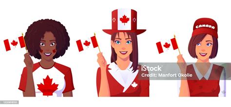 캐나다 국기를 들고 빨간색과 흰색 천을 입고 여성의 세트 캐나다의 날 모자를 쓰고 있는 다문화 단체 Canada Day에 대한 스톡 벡터 아트 및 기타 이미지 Istock