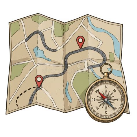 Folded Map With Compass And Route Travel Adventure Planning Stock