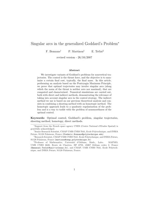 Pdf Singular Arcs In The Generalized Goddards Problem