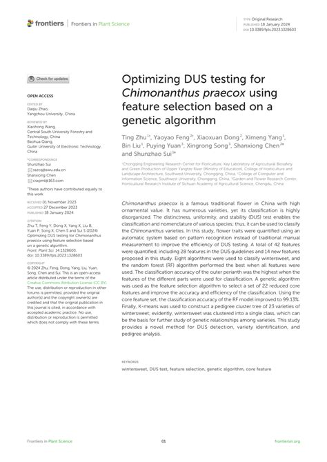 Pdf Optimizing Dus Testing For Chimonanthus Praecox Using Feature Selection Based On A Genetic