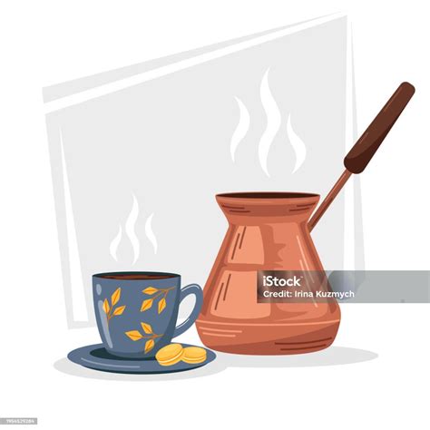 구리 터키 식 커피 메이커와 기성품 뜨거운 커피와 컵의 벡터 그림입니다 금속에 대한 스톡 벡터 아트 및 기타 이미지 금속 기계류 단순함 Istock