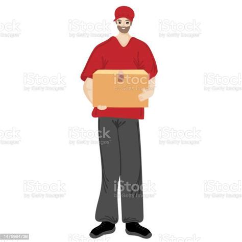택배 배달 서비스에서 빨간 유니폼을 입고 웃는 남자 소포 상자를 들고 개념에 대한 스톡 벡터 아트 및 기타 이미지 개념 나름 나무 기둥 Istock