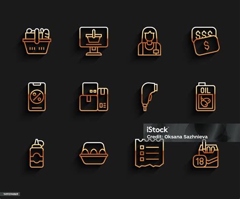 세트 라인 소스 병 상자에 닭고기 달걀 장바구니 및 음식 목록 담배 팩 금전 등록기 올리브 오일 병 및 스캐너 스캔 바코드