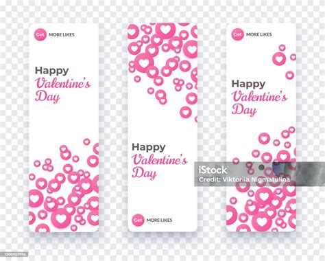 사랑 쿠폰 선물 바우처 초대에 대한 부동 핑크 하트 아이콘과 해피 발렌타인 데이 배너 세트 수직 카드 템플릿 2월에 대한 스톡 벡터 아트 및 기타 이미지 Istock