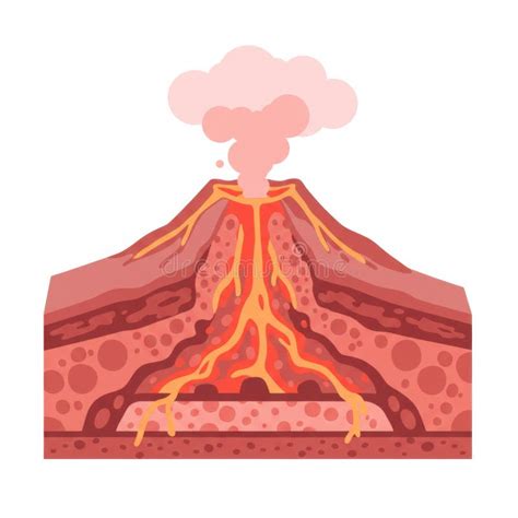 Cross Section Of A Volcano Erupting Red Lava With Pink Smoke And Layers Stock Illustration