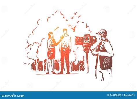 Female Journalist Broadcasting Live Female Interviewer Talking To Man Filming Crew Stock
