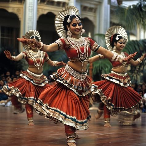 Three Indian Women In Traditional Red And Gold Costumes Perform A Graceful Dance On Stage