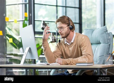 Business Online Meeting A Serious Young Man A Businessman A