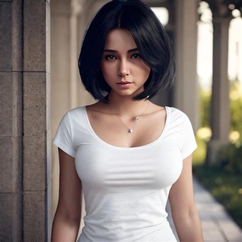 Premium Photo A Woman With A Short Black Hair And A White Shirt