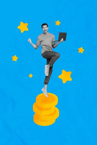 3d 콜라주 포스터 서식 파일 트렌드 삽화 스케치 인적 자원 모집 관리자 젊은 남자 작업 노트북 성공 스탠드 말뚝 동전 25