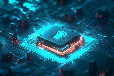 Futuristic Technology Glowing Microchip With Cybersecurity Lock Symbol On Circuit Board Stock
