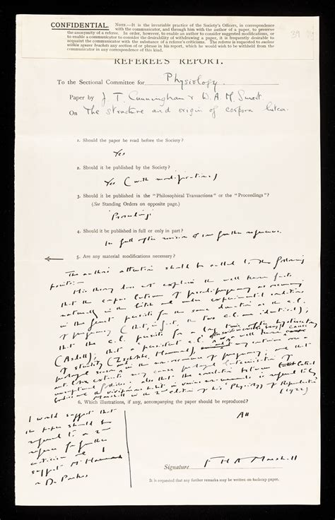 Referees Report By Francis Hugh Adam Marshall On A Paper The
