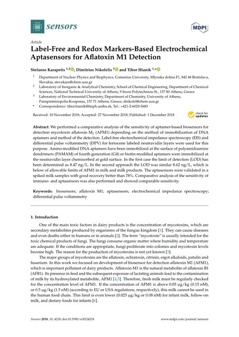 Pdf Label Free And Redox Markers Based Electrochemical Aptasensors For Aflatoxin M1 Detection