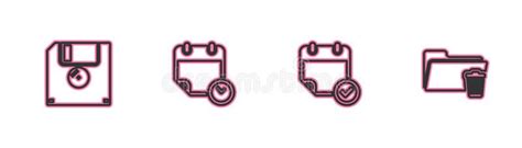 Set Line Floppy Disk Calendar With Check Mark And Clock And Delete