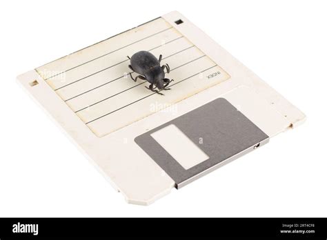 bug on retro floppy diskette computer error concept isolated on white