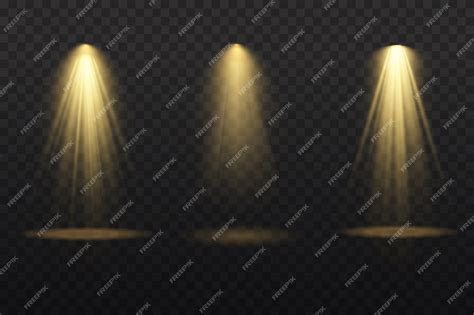 무대 조명 스포트 라이트 장면 무대 조명 대형 컬렉션 프로젝터 조명 효과 스포트 라이트가있는 밝은 노란색 조명 투명 배경에 고립 된 스포트 라이트 프리미엄 벡터