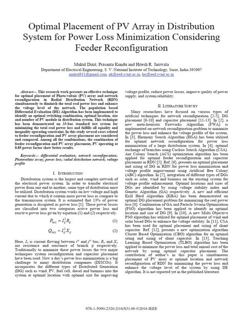 Optimal Placement Of Pv Array In Distribution System For Power Loss Minimization Considering