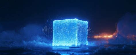 In A Futuristic Dark Cyberspace Digital Data Blocks Made Of Blue Neon Glowing Cubes Represent
