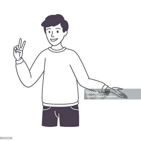 V 평화 기호를 긍정적인 손 제스처 개요 벡터 일러스트 레이 션으로 보여주는 남자 캐릭터 모방에 대한 스톡 벡터 아트 및 기타 이미지 모방 팔 신체 부분 수화
