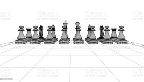 흰색 배경에 고립 된 검은 색 선에서 체스 판에 인물의 와이어 프레임 전면 보기입니다 3d 벡터 일러스트레이션 3차원 형태에