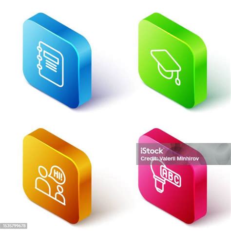 아이소메트릭 라인 노트북 졸업 모자 두 명의 앉아있는 남자가 이야기하고 창의적인 램프 조명 아이디어 아이콘을 설정합니다 벡터 3차원 형태에 대한 스톡 벡터 아트 및 기타