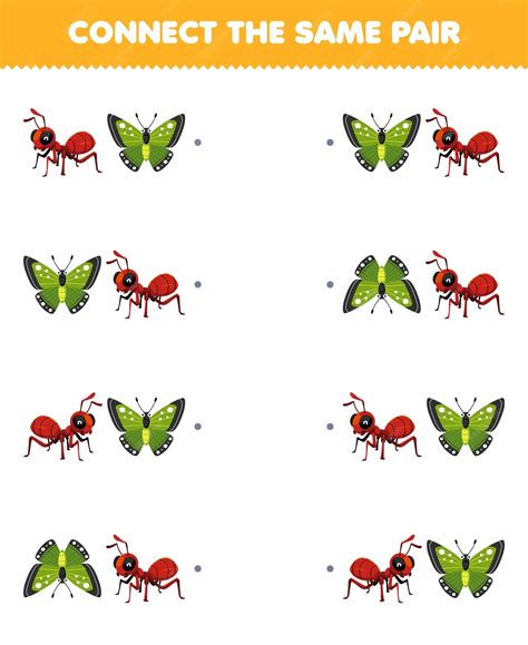어린이를 위한 교육 게임은 귀여운 만화 개미와 나비 쌍 인쇄 가능한 버그 워크시트의 동일한 그림을 연결합니다 프리미엄 벡터