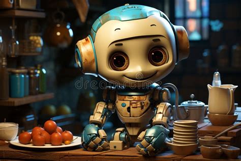 A Humanoid Robot Assistant in the Kitchen Stock Illustration ...