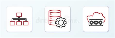 Set Line Password Protection Hierarchy Organogram Chart And Server And Gear Icon Vector Stock