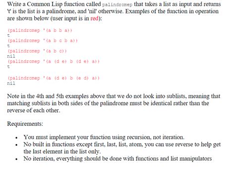 solved write a common lisp function called palindromep that