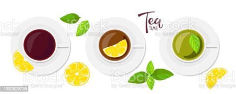 티 타임 텍스트 세 컵의 차 검은 색 레몬 민트와 녹색 파티 초대 카드 찻집 배너 차 라벨 차 회사 카페 또는 레스토랑 광고 홈