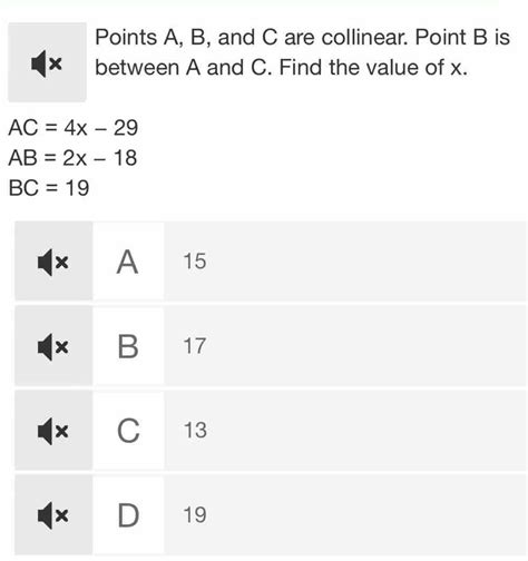 points a b and c are collinear point b is x between a and c find