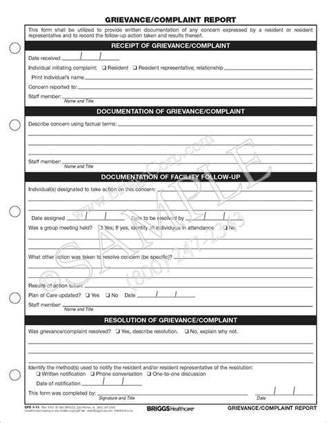 Briggs Healthcare Cfs1 11 Grievance Complaint Report Form Complaint