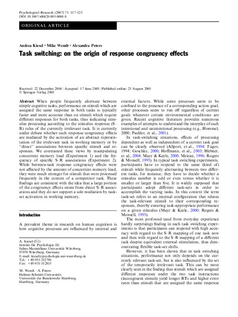 Pdf Task Switching On The Origin Of Response Congruency Effects