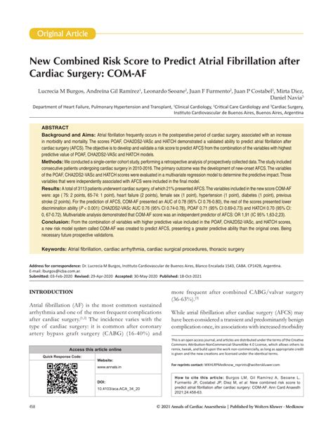 Pdf New Combined Risk Score To Predict Atrial Fibrillation After Cardiac Surgery Com Af
