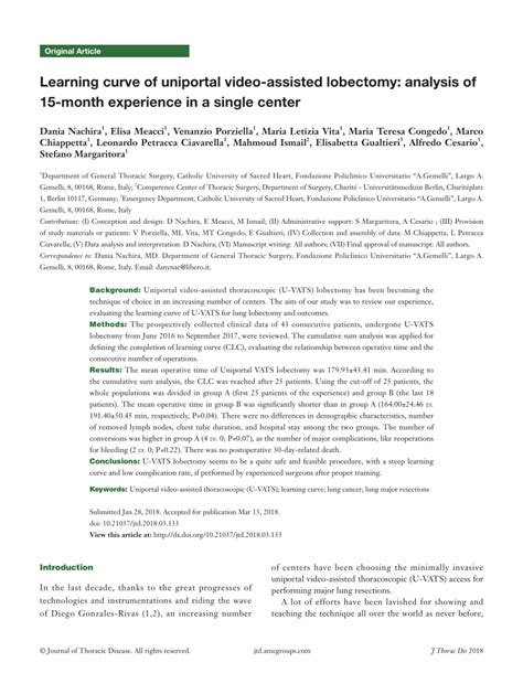 Pdf Learning Curve Of Uniportal Video Assisted Lobectomy Analysis Of